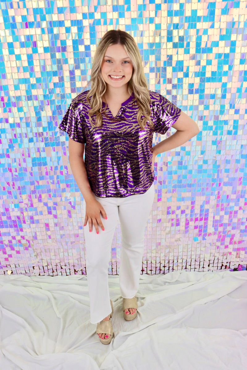 Diane Sequin Purple Gold Tiger Stripe Top (S-XXL) – NOLA BOO